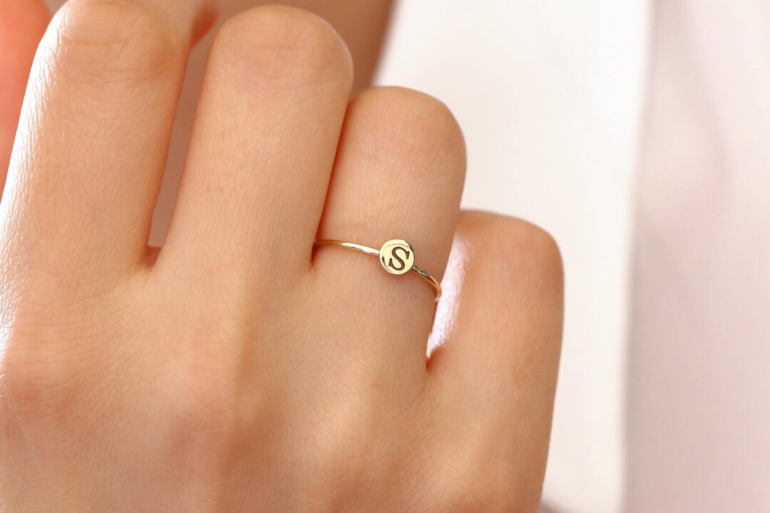 14k Gold Initial Ring Tiny Letter Ring Stackable Initial Ring Dainty Initial Ring Tiny Initial Ring Personalized Gift for Mom Etsy