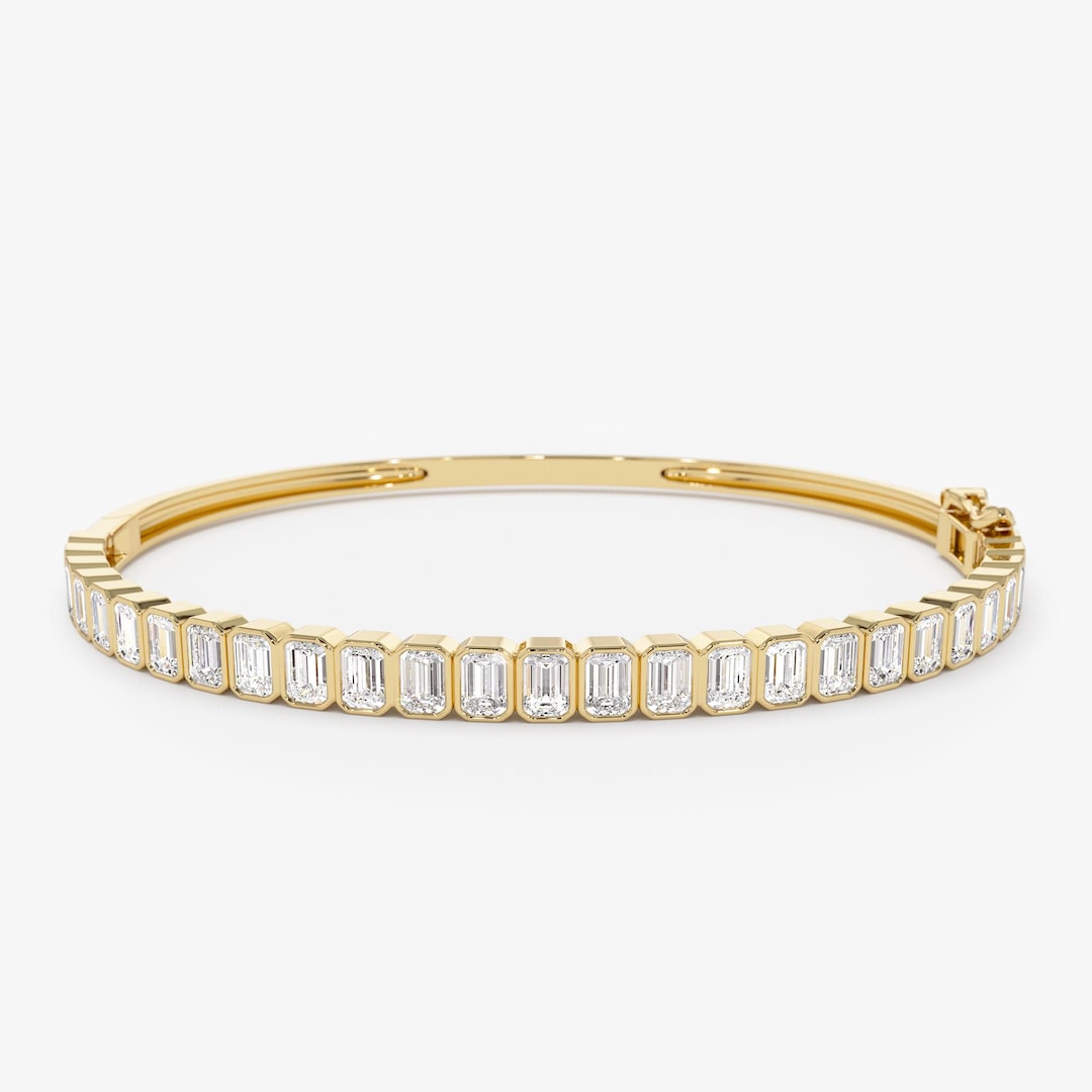 14K Gold Lab Diamond Bangle Bracelet, Emerald Cut Diamond Hinged Bangle ...