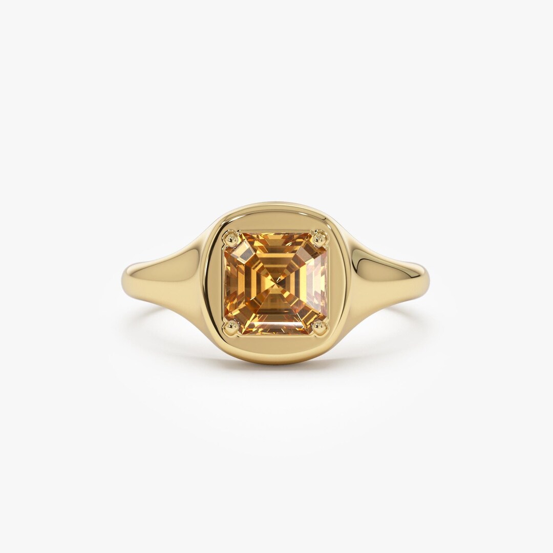 Asscher Cut Citrine Signet Ring, 14K Solid Gold 0.95 Ctw 6MM Octagon ...