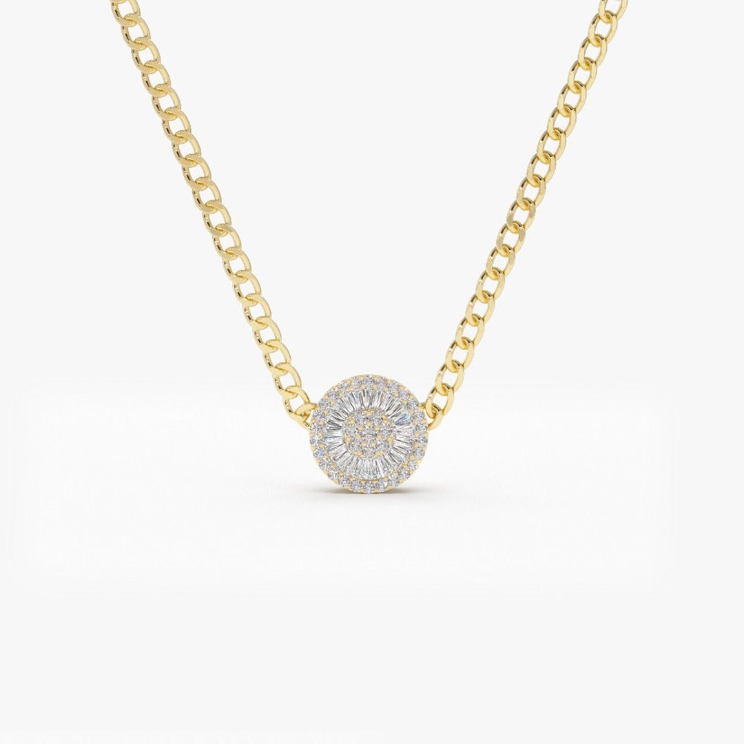 Baguette Diamond Necklace / 14k Gold Curb Link Baguette Diamond Disc ...