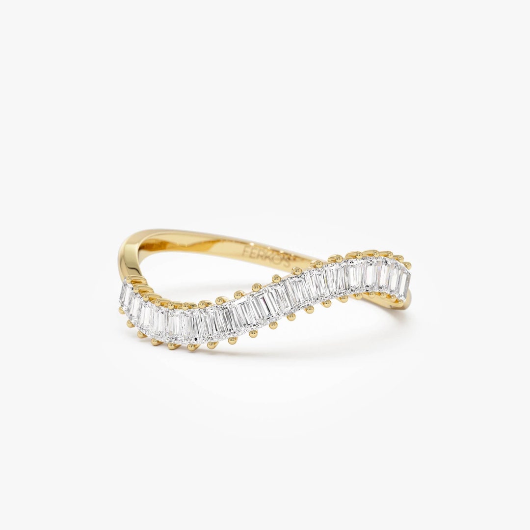 Baguette Diamond Wave Ring, 14K Solid Gold 0.60 Ctw Dainty Stackable Diamond Ring, Minimalist ...