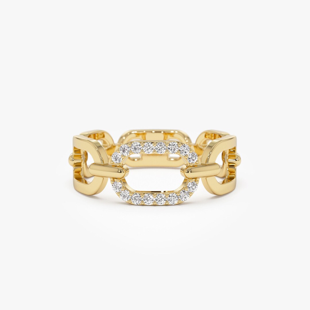 14k Gold Diamond Chain Ring, Chain Link Ring, Diamond Buckle Ring ...