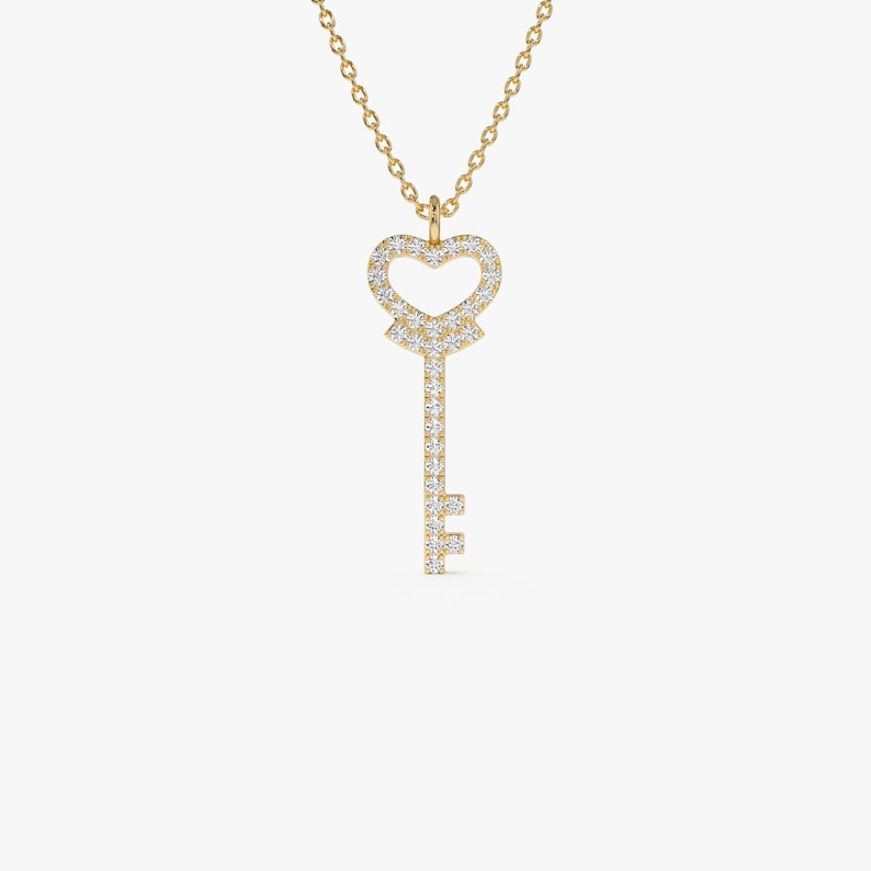 Diamond Heart-key Pendant Necklace in 14k Gold, Modern Heart and Key ...