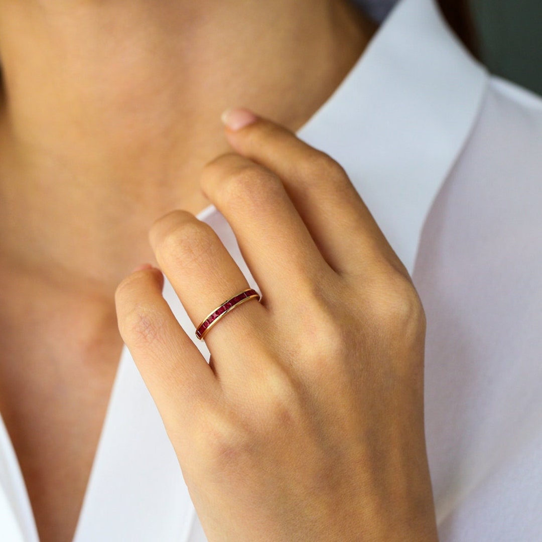 Ruby Ring / 14k Gold Full Eternity Princess Cut Ruby Ring / Natural ...