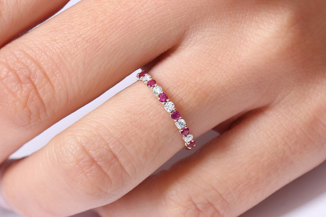 Ruby And Diamond Wedding Ring 14k Gold Shared Prong Ruby Eternity Diamond Band July Birthstone