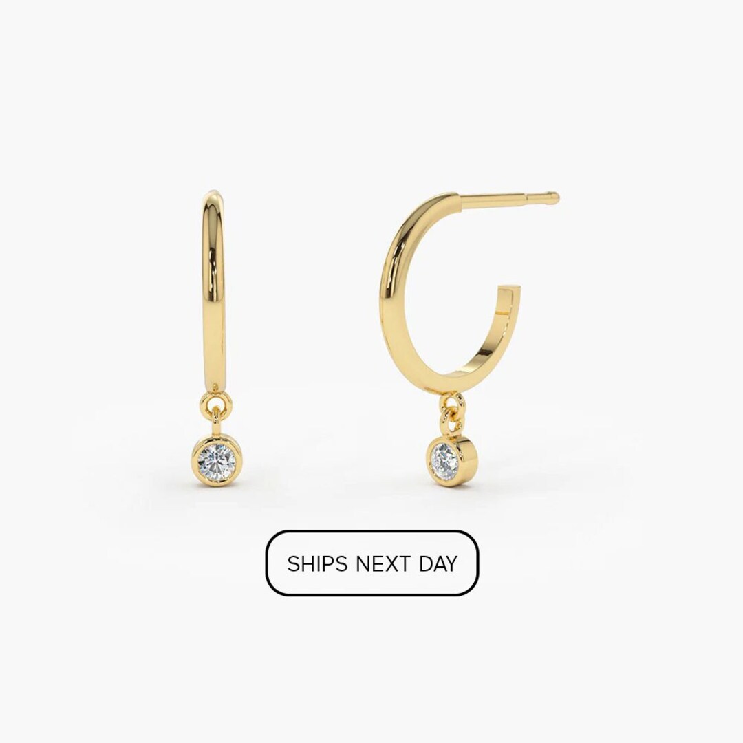 14k Gold Hoop With Dangling Diamond / Bezel Setting Dangling - Etsy