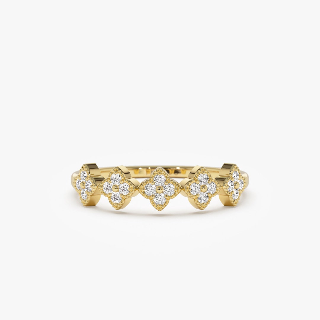 Diamond Clover Ring / 14k Gold Round Diamond Clover Cluster Ring / 14K ...