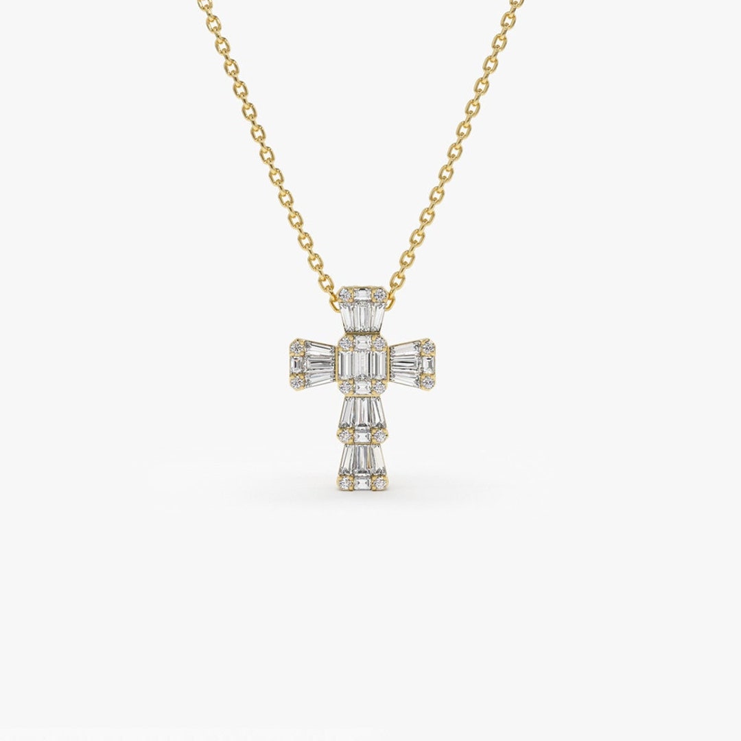 14K Solid Gold Diamond Cross Necklace / Stunning Baguette & Round ...