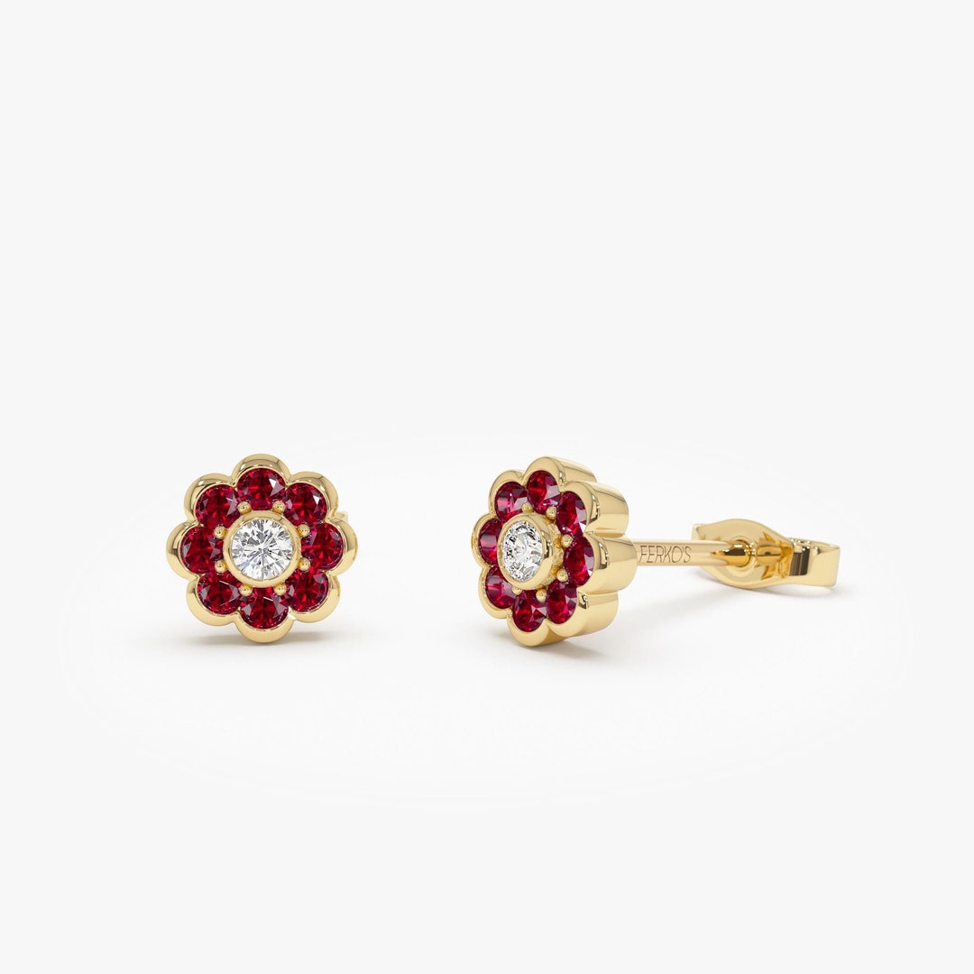 Ruby Earrings, 14k Gold Ruby Flower Studs With Diamond Center, Dainty ...