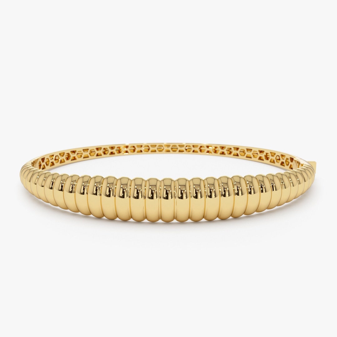 14K Solid Gold Bracelet, Chunky Gold Bangle, Stacking Gold Ribbed ...