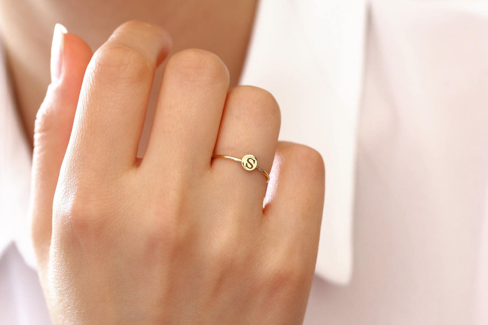 14k Gold Initial Ring / Tiny Letter Ring / Stackable Initial - Etsy