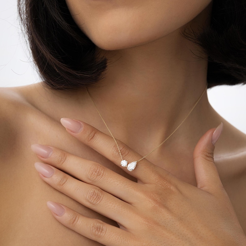 Toi Et Moi Lab Grown Diamond Necklace, 14K Gold 1.55 Ctw Round & Pear ...