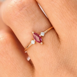 14k Stackable Natural Ruby Ring / Marquise Ruby Ring and Diamond Ring ...