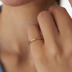 14K Gold Geometric Stackable Ring, Thin Gold Square Ribbed Stacking ...