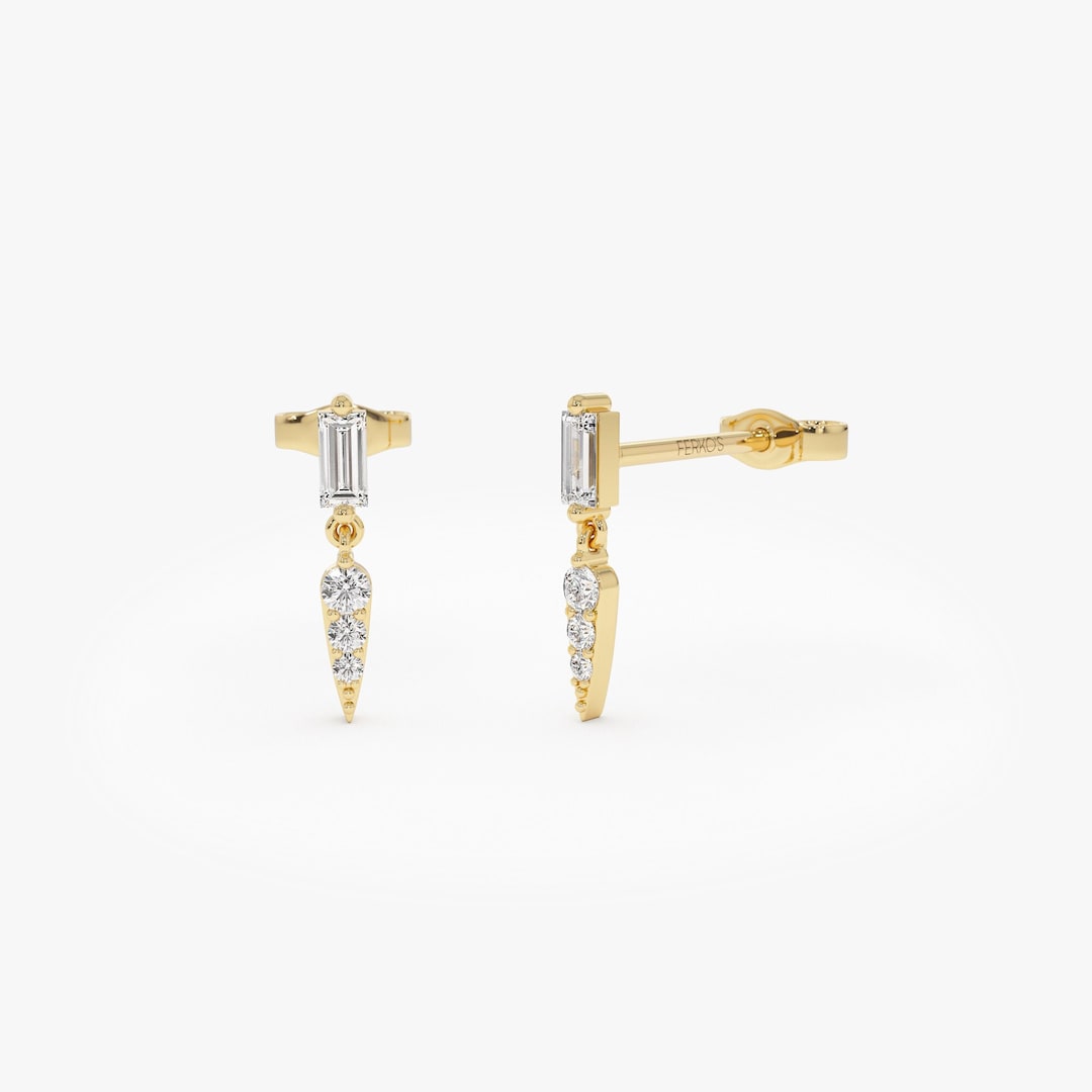 Gold Dangle Spike Earring, 14K Diamond Spike Earrings, Baguette Drop ...