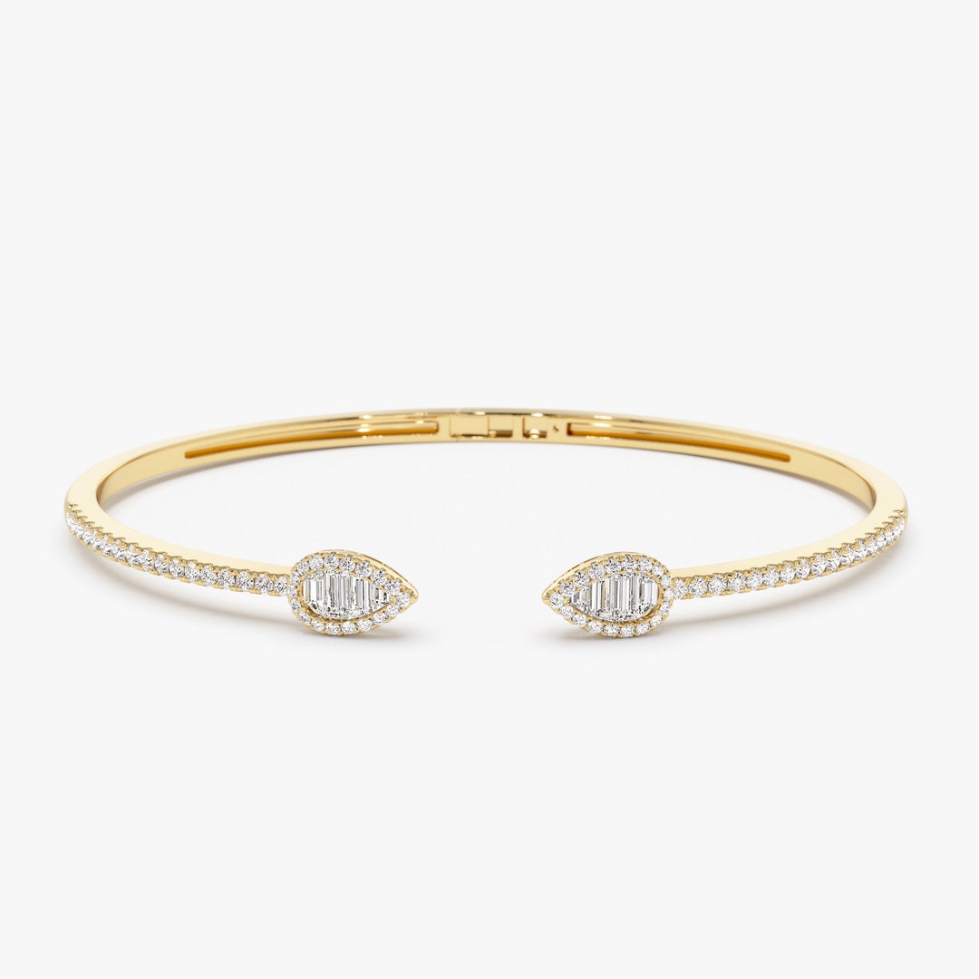Open Cuff Baguette Diamond Bangle Bracelet in 14k Solid Gold, Baguette ...