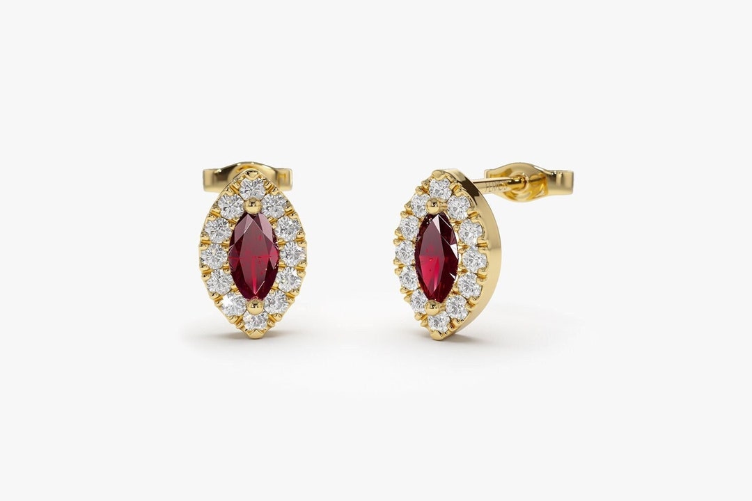 Marquise Ruby Earrings / 14k Gold Marquise Ruby Halo Setting Diamond Studs / Dainty Diamond ...