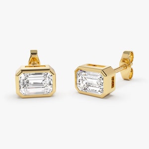 Emerald Cut Diamonds Studs, 1.00 Ctw 14k Gold Bezel Setting Emerald Cut Lab Grown Diamond ...