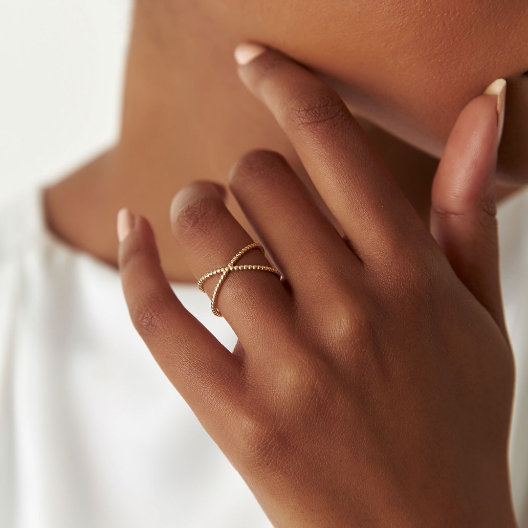 Gold Criss Cross Ring / 14K Gold Beaded Band Criss Cross Statement Ring / Minimalist & Dainty ...