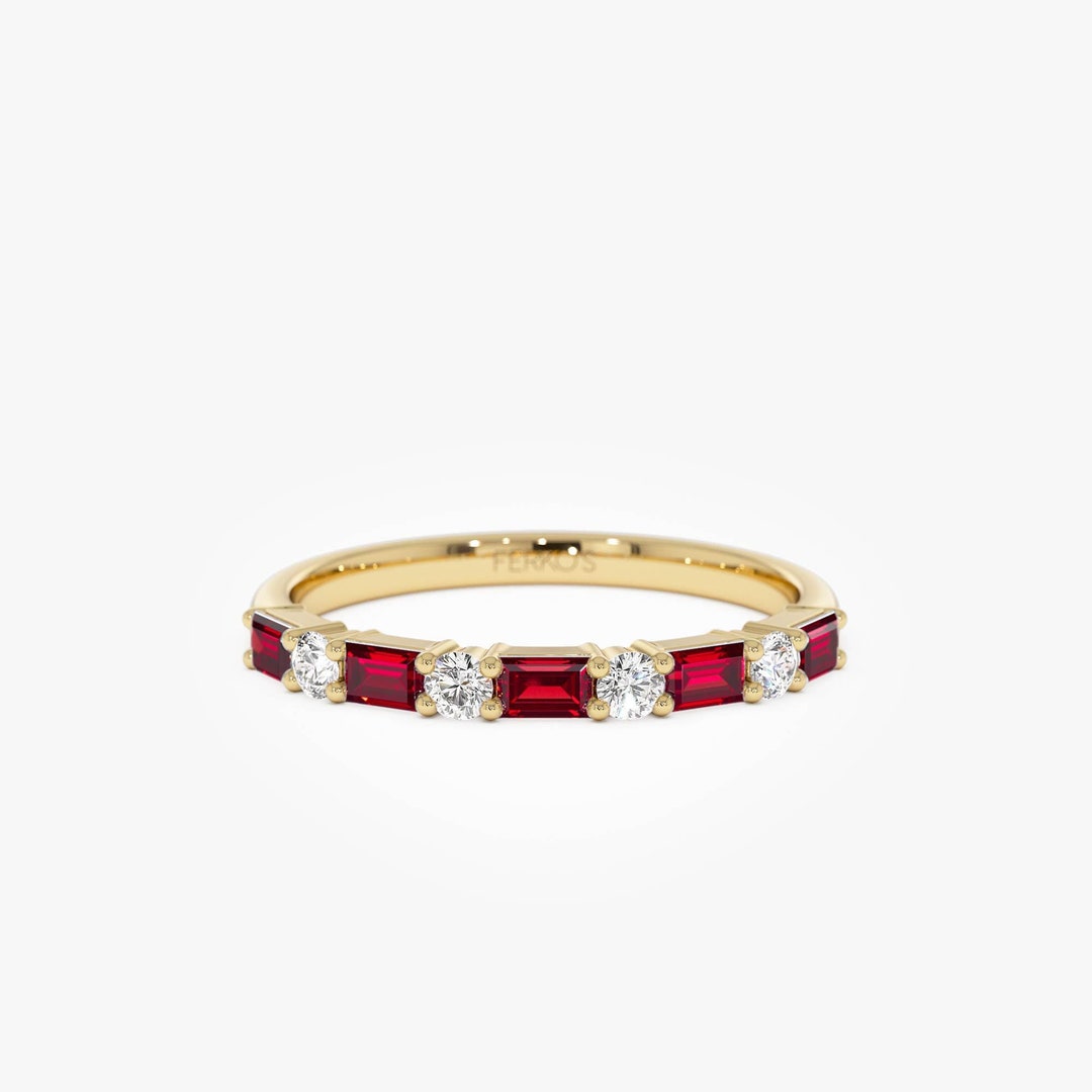 Ruby Diamond Ring, 14k Gold Baguette Ruby and Round Diamond Band, Minimalist Stackable Ring ...