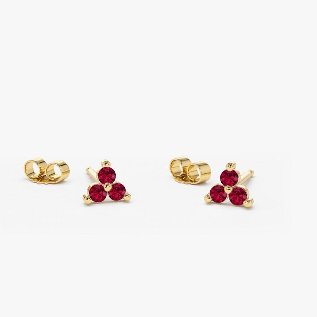 Three Stone Ruby Studs, 14k Solid Gold Trio Ruby Earrings, Dainty ...