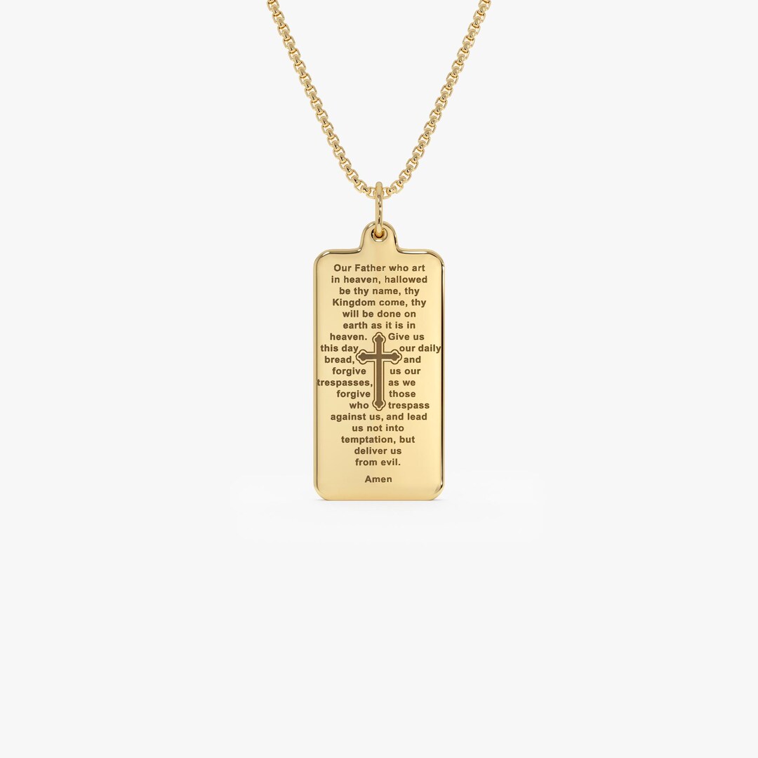 Lord’s Prayer Necklace, 14k Gold Religious Tag Pendant, Engraved Prayer ...