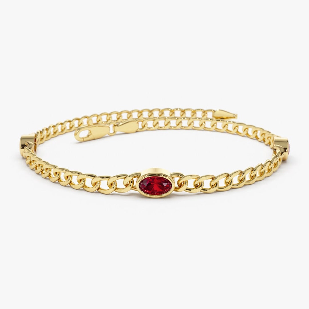 Ruby Bracelet / 3MM Curb Link Chain Bracelet With Bezel Setting Oval ...