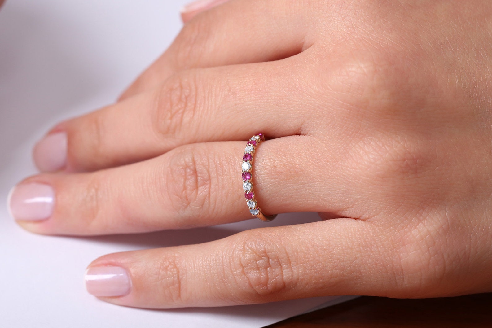 Ruby And Diamond Wedding Ring 14k Gold Shared Prong Ruby Eternity Diamond Band July Birthstone