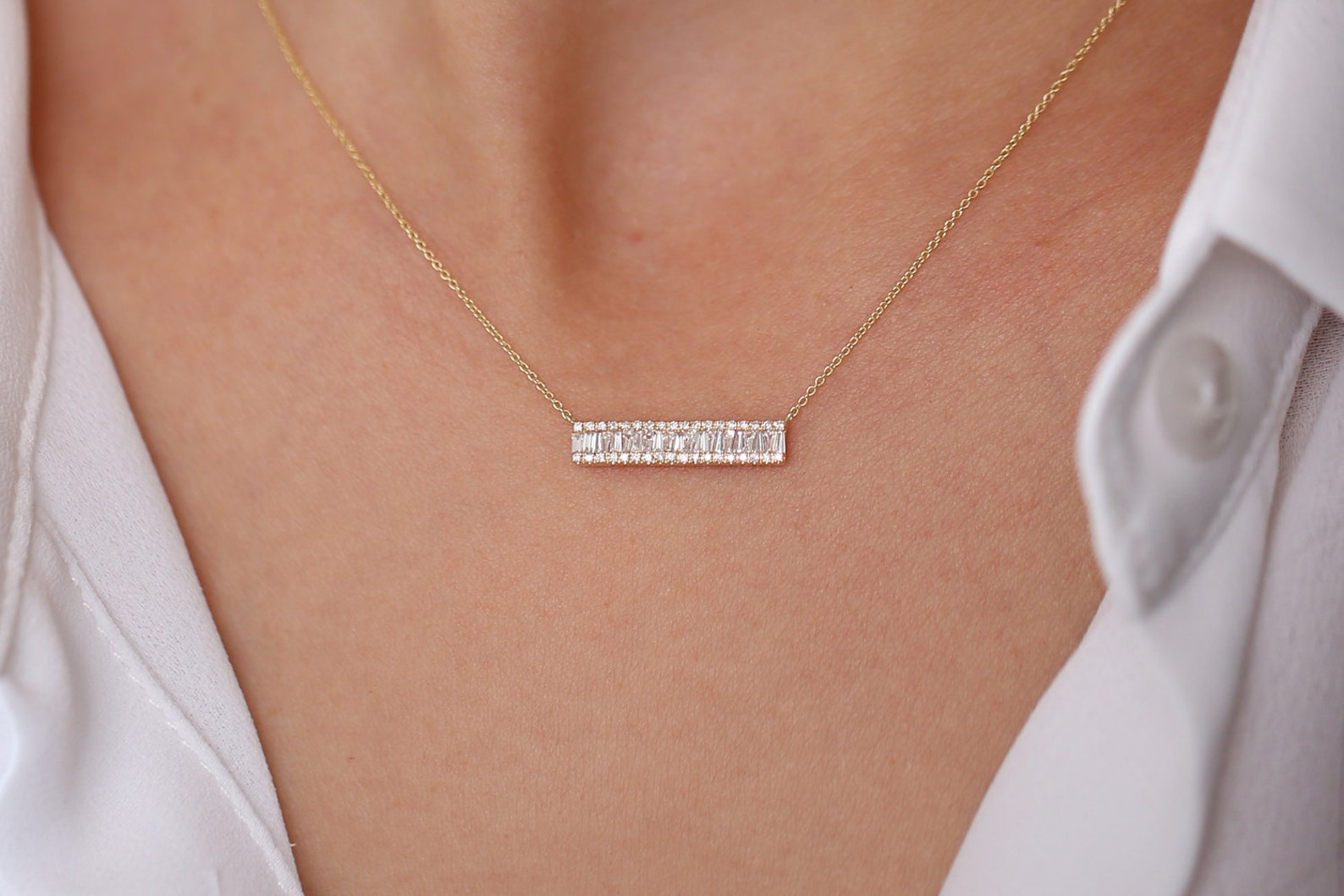 Baguette Diamond Necklace in 14k Gold / Diamond Bar Necklace ...