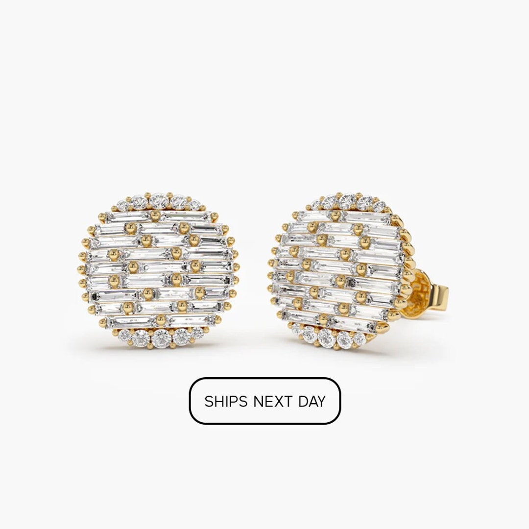 14k Gold Baguette Diamond Needle Cut Unique Statement Earrings ...