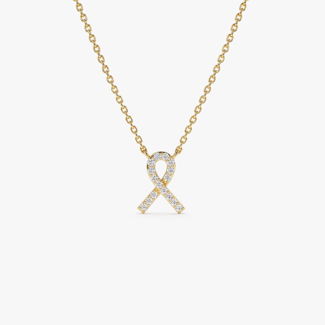 Diamond Breast Cancer Ribbon Necklace, 14K Solid Gold Dainty Breast ...