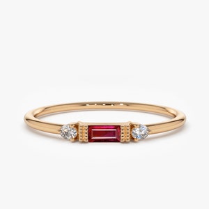 Ruby Ring / Baguette Ruby Ring / 14k Rose Gold Minimalist Ruby Ring / Stacking Three-stone Round ...