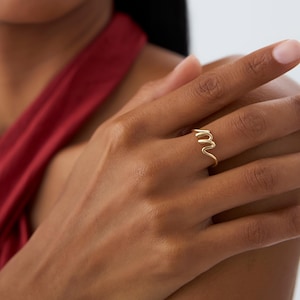 14K Solid Gold Script Initial Ring, Minimalist Wire Handwriting Ring ...