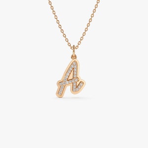 14K Solid Gold Script Font Diamond Initial Necklace, Double Layered 3D ...