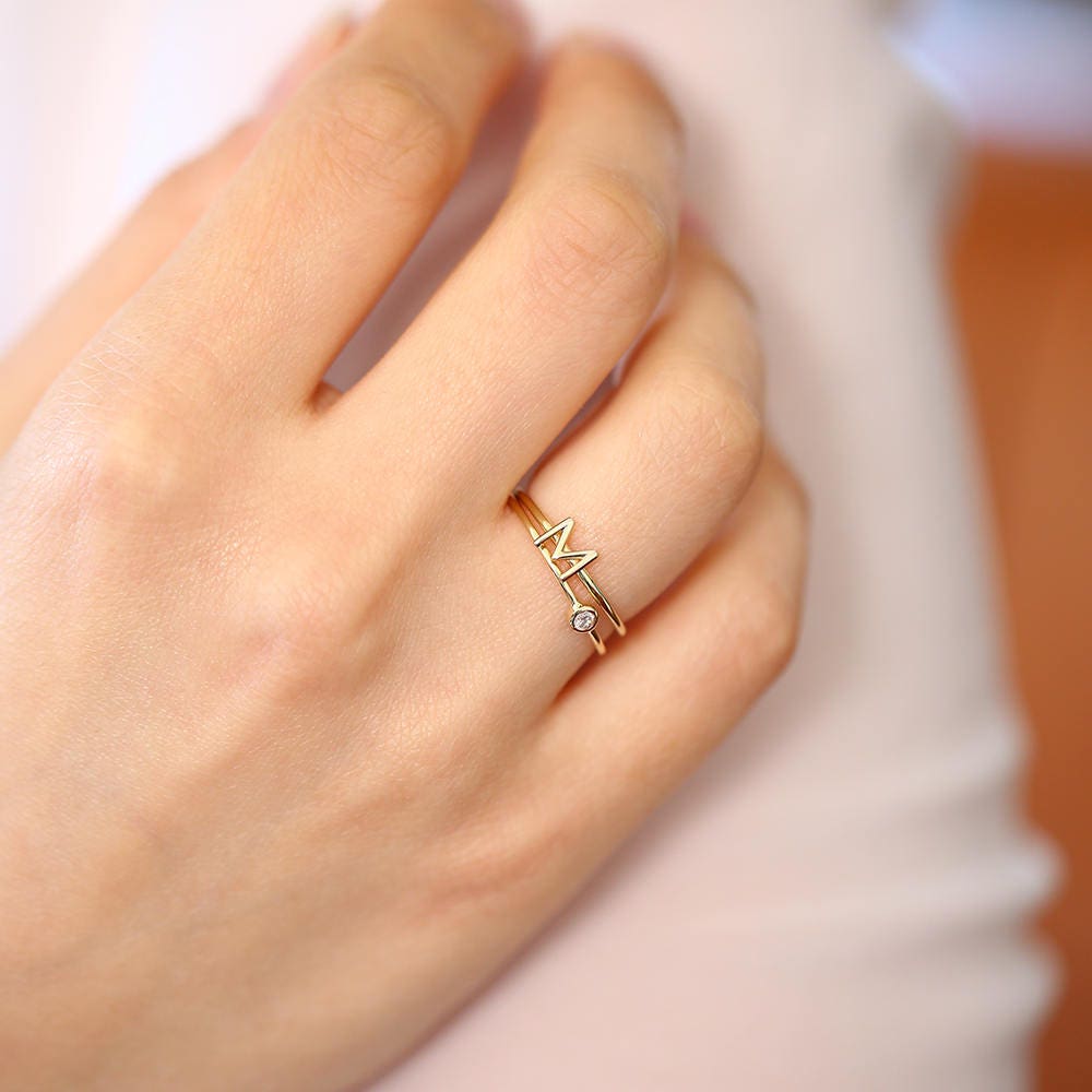 Personalized Initial Letter Ring Set With Bezel Set Solitaire - Etsy
