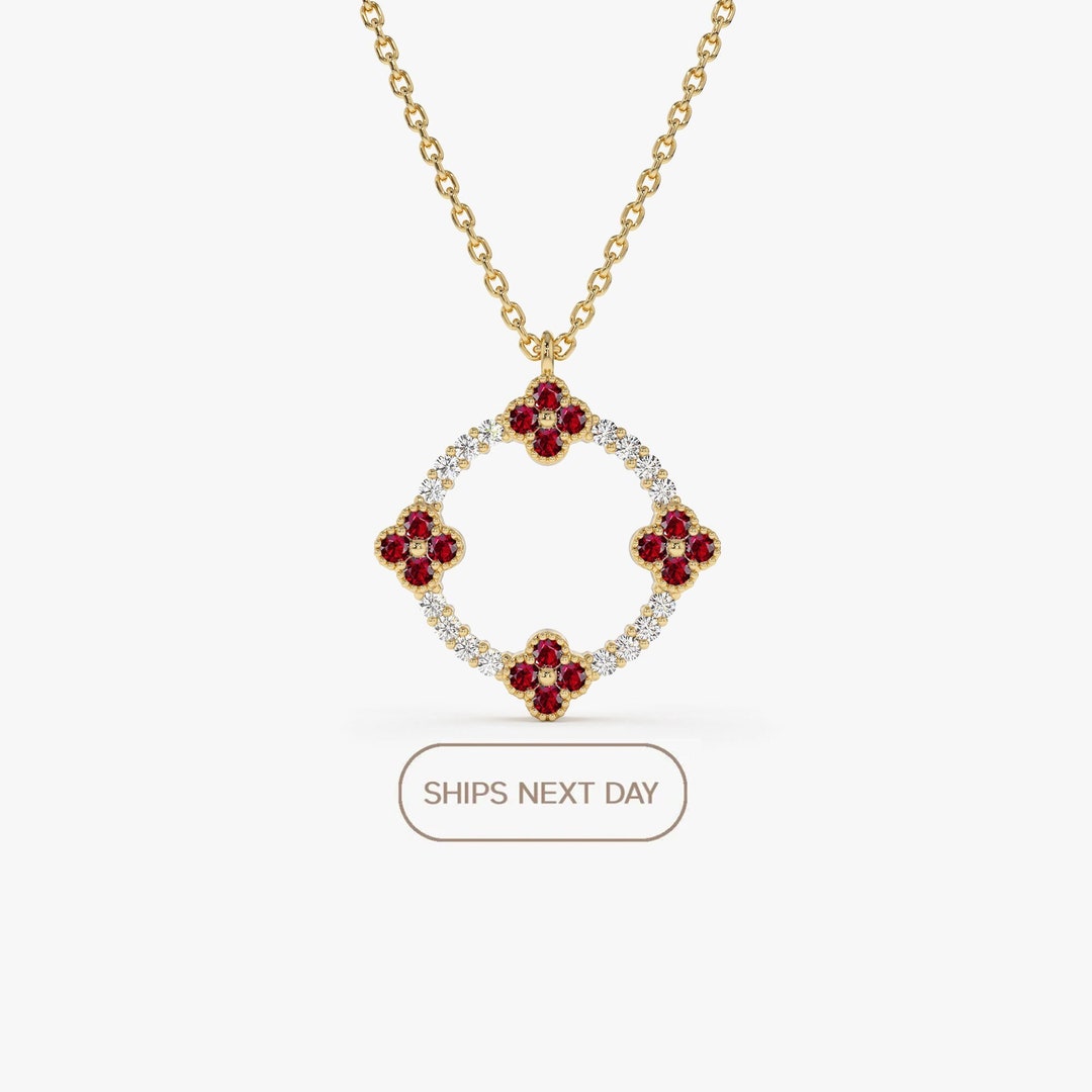 Ruby Necklace / Clover Necklace / Ruby and Diamond Pendant in 14k Gold ...