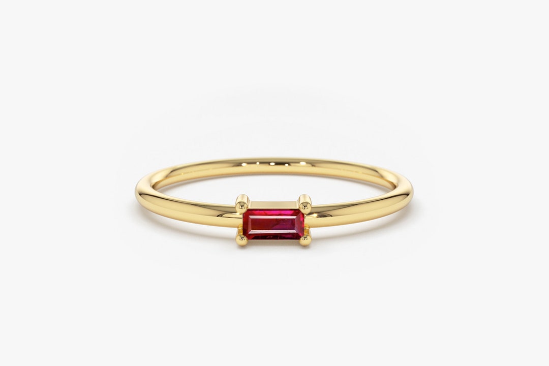 Ruby Ring / Baguette Cut Ruby Ring in 14k Gold / Stackable Ruby Baguette Ring / Natural Ruby ...