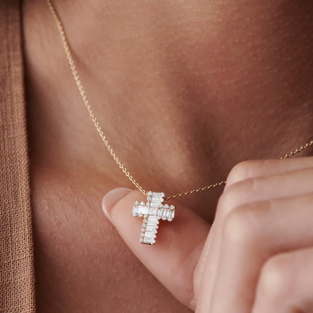 Diamond Cross / 14k Solid Gold Baguette Diamond Cross With Round ...