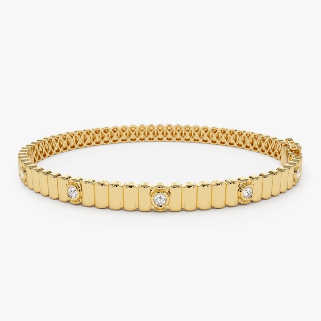 Gold Bar Bangle Bracelet, 14K Gold Fluted Bracelet Bangle, Ribbed Bezel ...