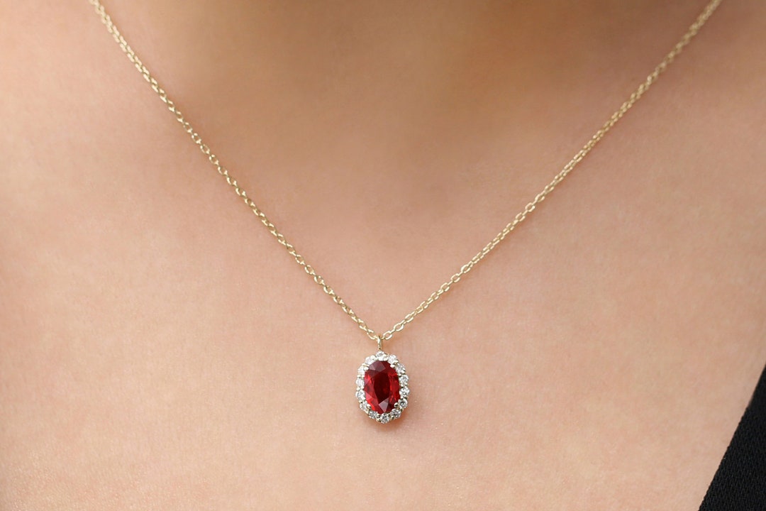 Ruby Necklace / 14k Classic Oval Cut Ruby With Surrounding Diamonds ...