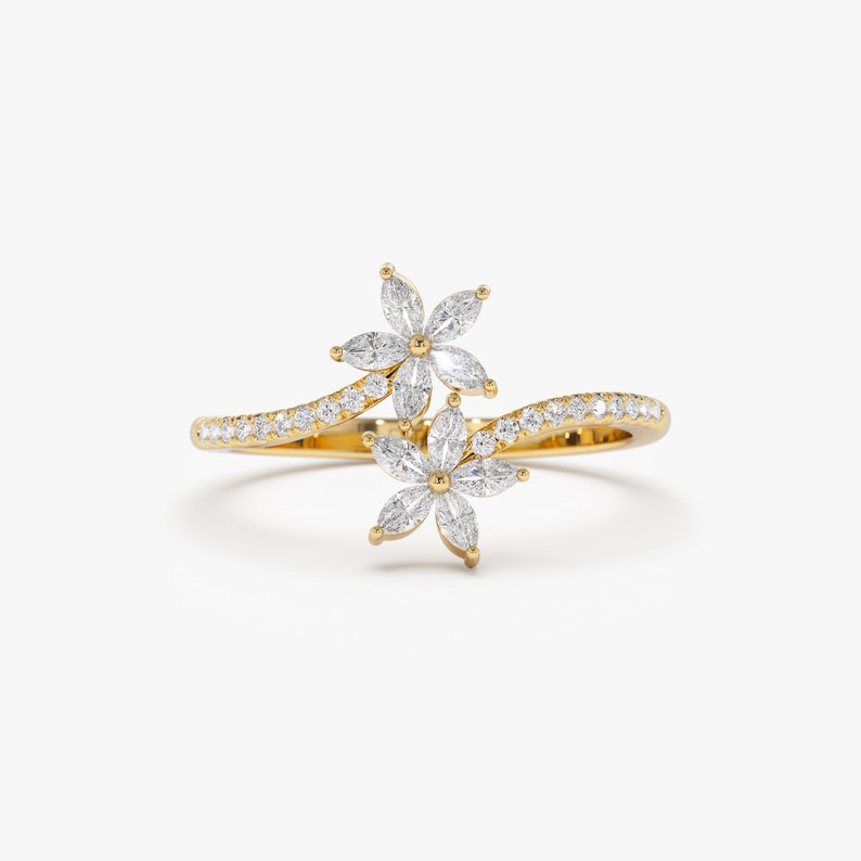 Marquise Diamond Flower Bypass Ring in 14k / 14k Gold Dainty - Etsy