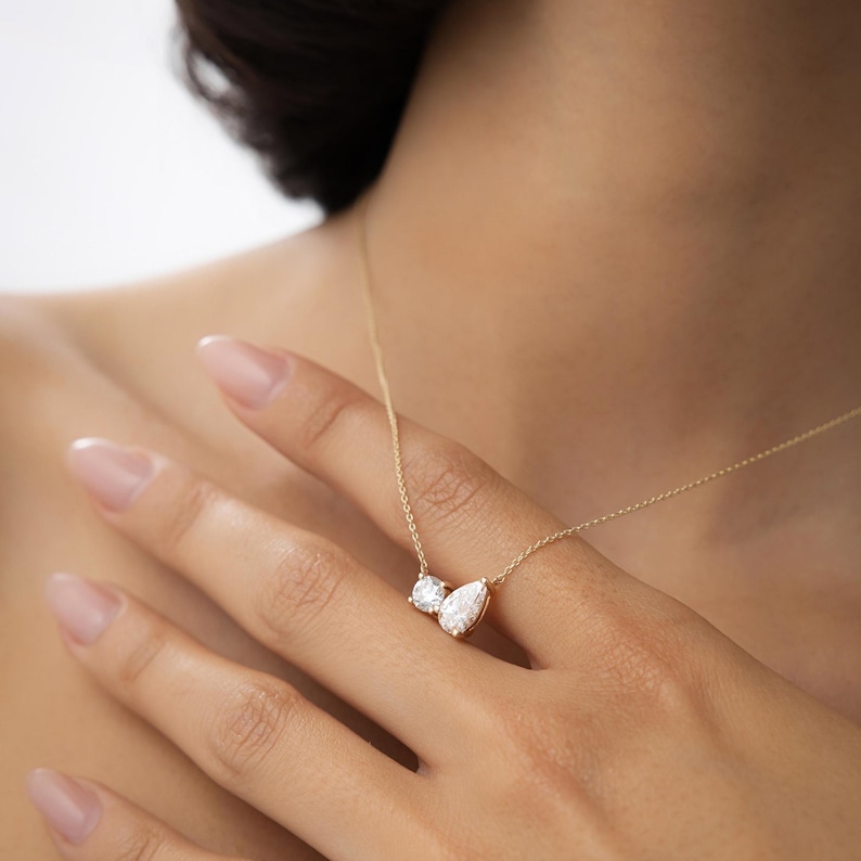 Toi Et Moi Lab Grown Diamond Necklace, 14K Gold 1.55 Ctw Round & Pear ...