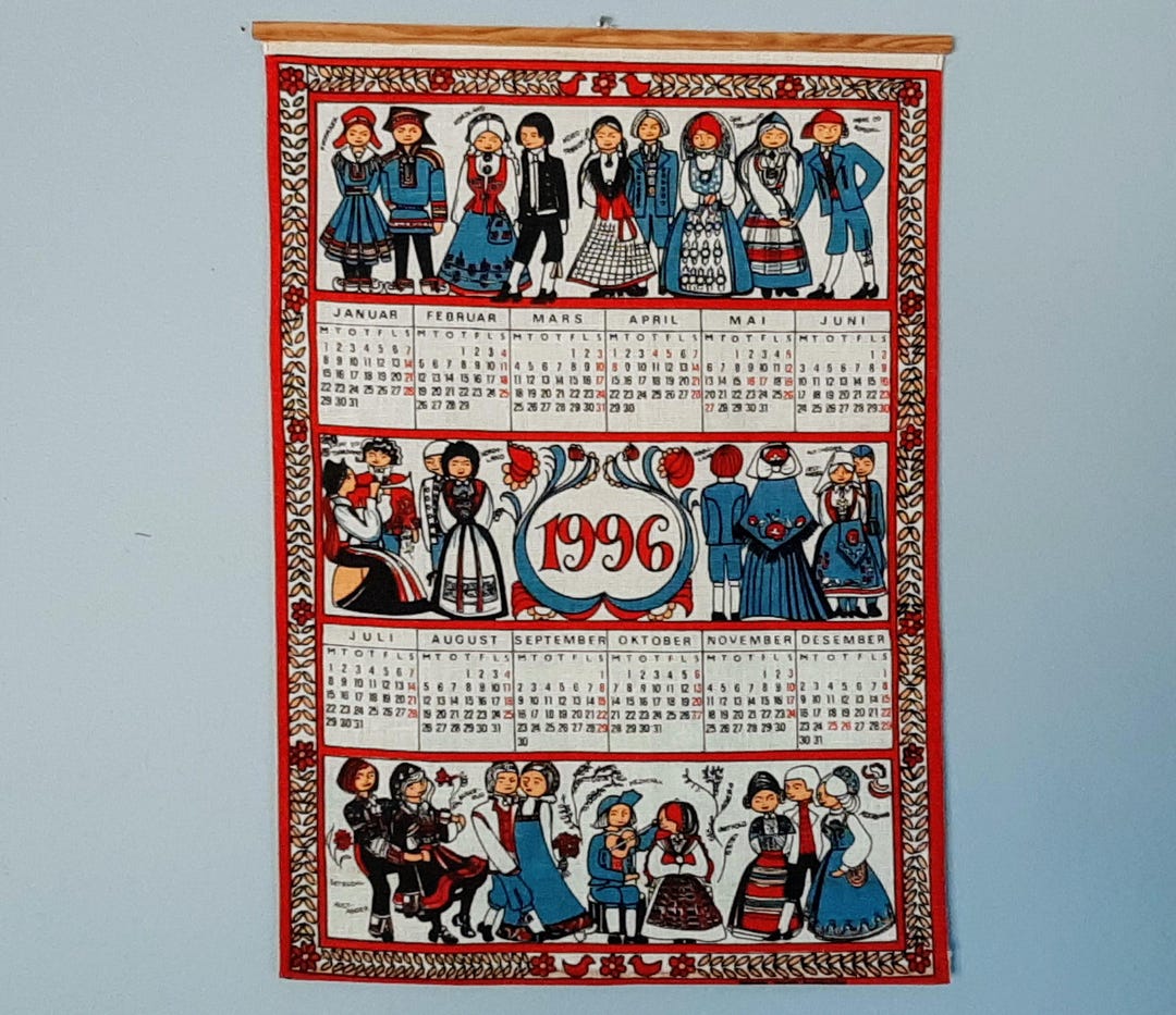 Norwegian 1996 Vintage Cloth Calendar Wall Hanging, Design by Inger ...