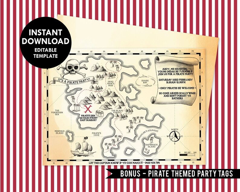 Pirate Party Treasure Map Invitation Digital Instant DOWNLOAD - Etsy
