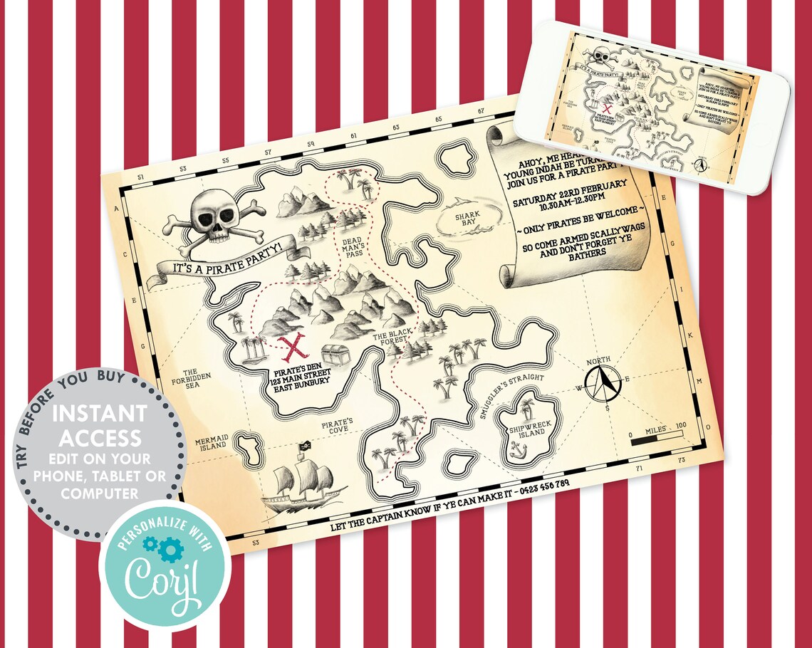 Pirate Party Treasure Map Invitation Digital Instant DOWNLOAD - Etsy