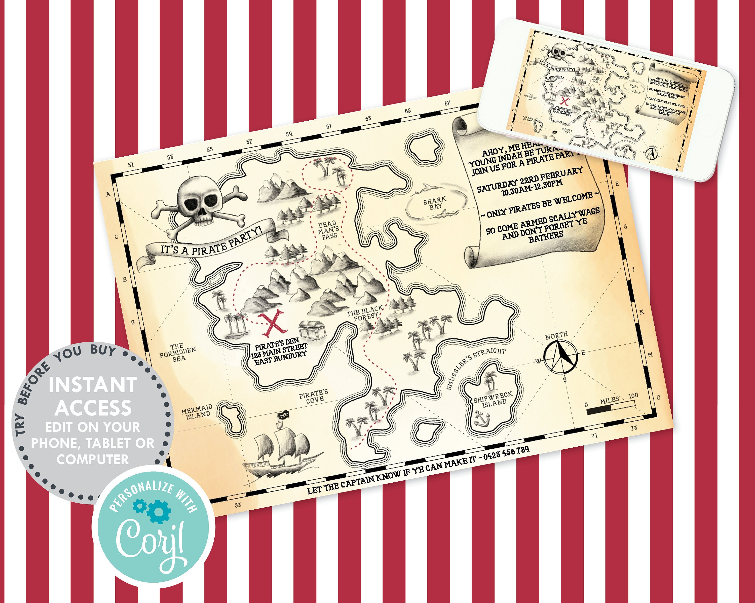 Pirate Party Treasure Map Invitation Digital Instant DOWNLOAD - Etsy