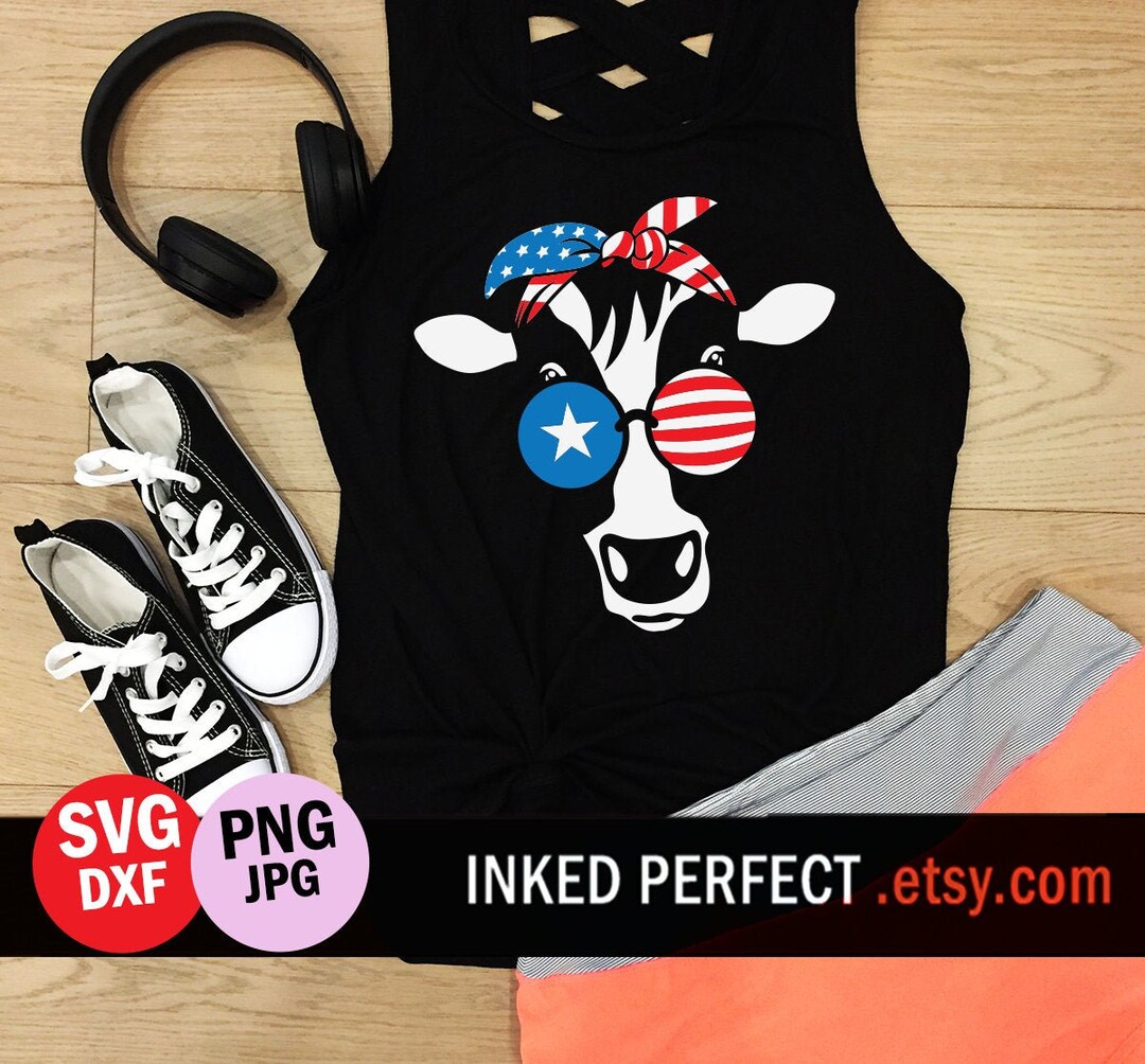 Heifer 4th Fourth of July SVG Cow With Bandana Scarf Us Flag Glasses ...