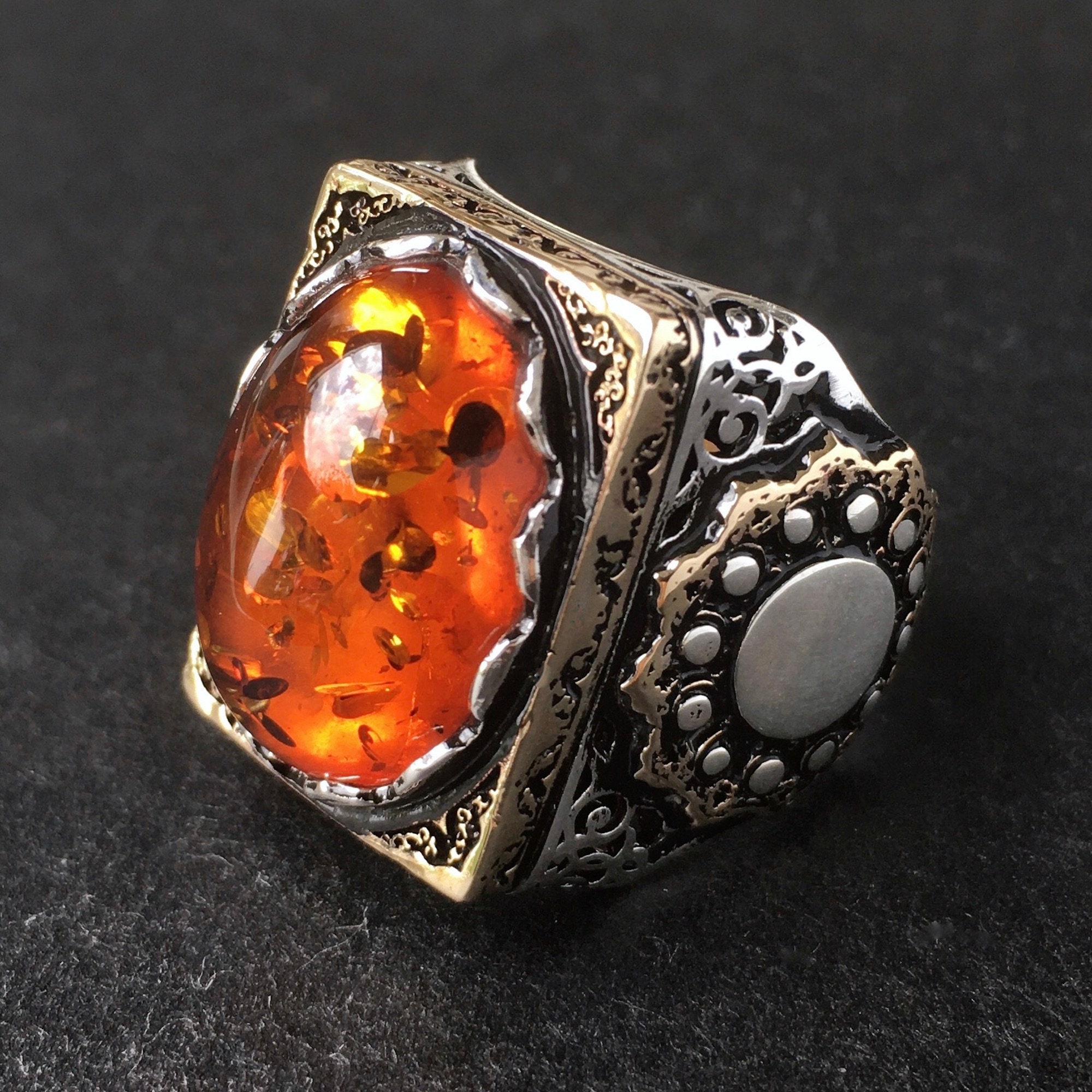 Silver Mens Ring Fire Amber 925 Sterling Unique Artisan Handmade ...