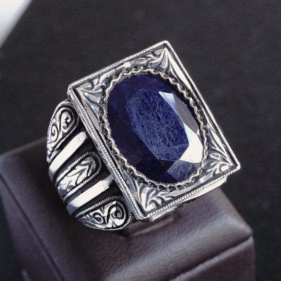 925 Sterling Silver Mens Ring Blue Sapphire Corundum Handcrafted Unique Jewelry Etsy