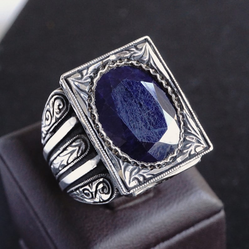 925 Sterling Silver Mens Ring Blue Sapphire Corundum | Etsy